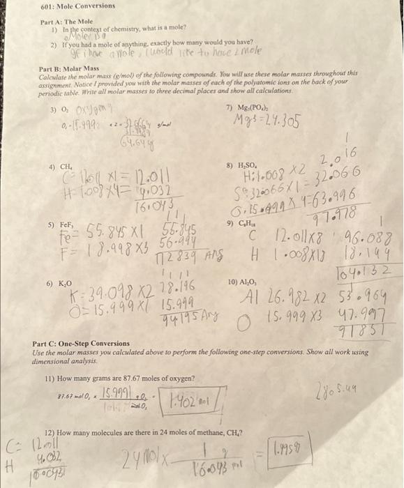 Solved 601: Mole Conversions Part A: The Mole 1) In the | Chegg.com