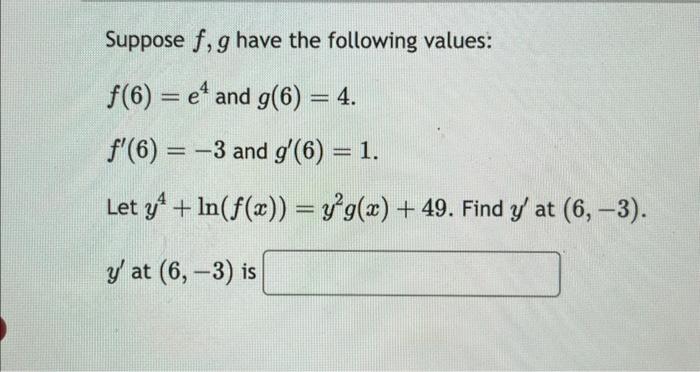 Solved Suppose f,g have the following values: f(6)=e4 and | Chegg.com