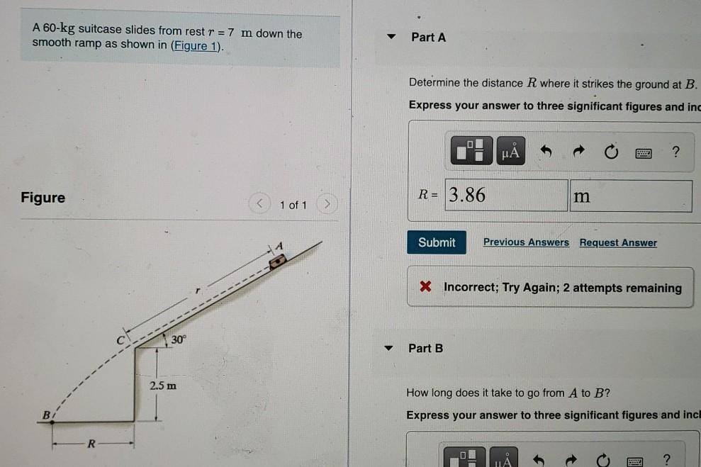 Solved A 60-kg suitcase slides from rest r = 7 m down the | Chegg.com