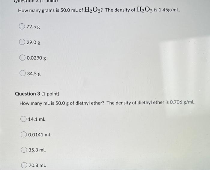 Solved How many grams is 50.0 mL of H₂O2? The density of | Chegg.com