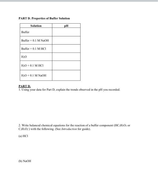 Solved PART D. Properties of Buffer Solution Solution Buffer | Chegg.com