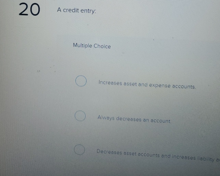 Solved 20A credit entry:Multiple Choice ﻿Increases asset | Chegg.com