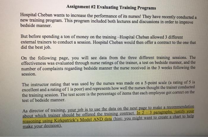 Solved Assignment #2 Evaluating Training Programs Hospital | Chegg.com