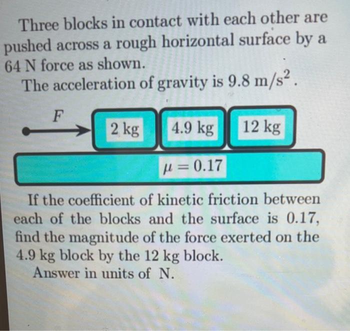 Solved Three blocks in contact with each other are pushed | Chegg.com