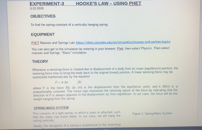 EXPERIMENT-3 3-22-2020 HOOKE'S LAW - USING PHET OB... | Chegg.com