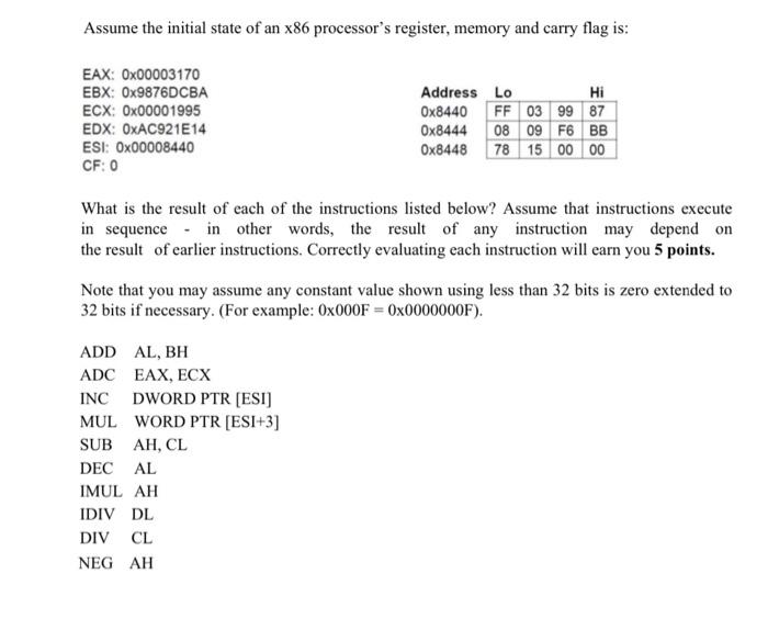 Solved Assume the initial state of an x86 processor's | Chegg.com