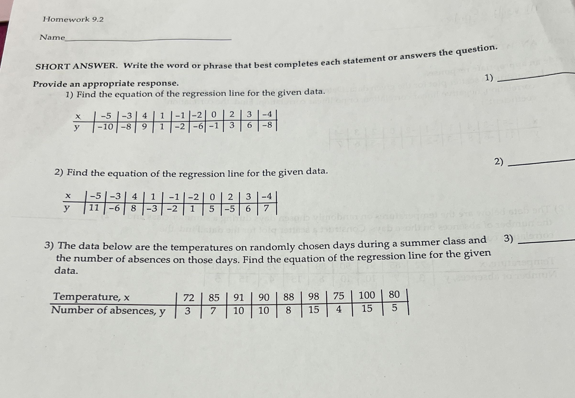 Solved Homework 9.2Name q,SHORT ANSWER. Write the word or | Chegg.com