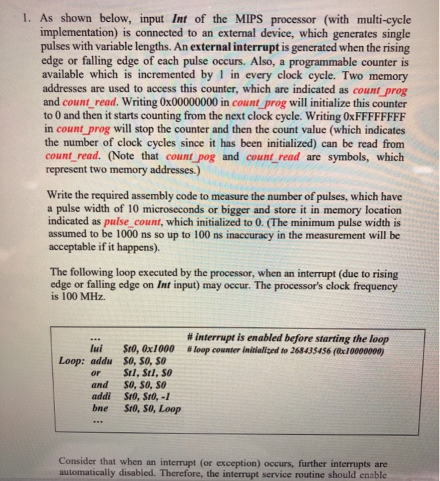 1. As shown below, input Int of the MIPS processor | Chegg.com