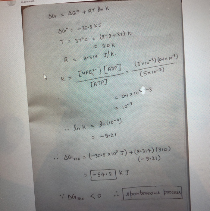 Solved for which delta G prime rxn = -30.5 kJ/mol at 37 C | Chegg.com