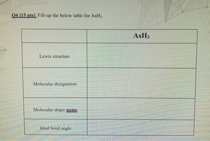 Solved 04 [15 pts): Fill-up the below table for AsH3. AsH3 | Chegg.com