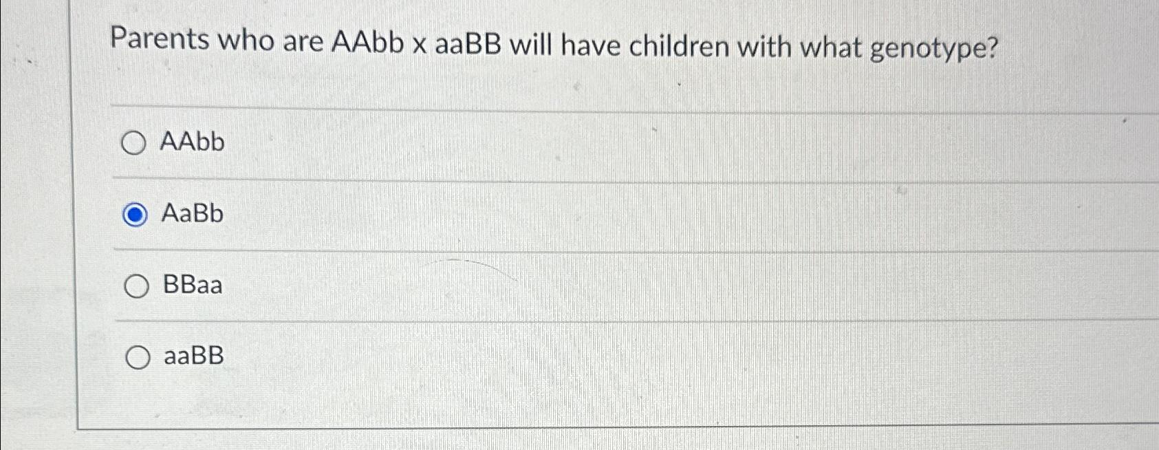 Solved Parents who are AAbb × ﻿aaBB will have children with | Chegg.com