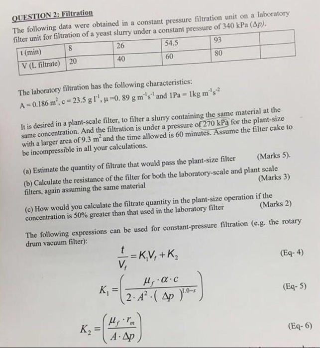 Solved QUESTION 2: Filtration The following data were | Chegg.com
