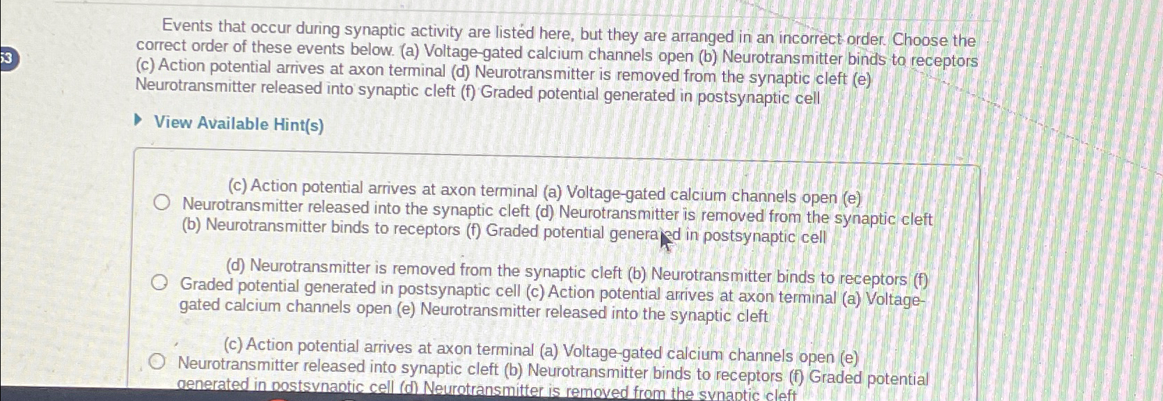 Solved Events that occur during synaptic activity are listed | Chegg.com