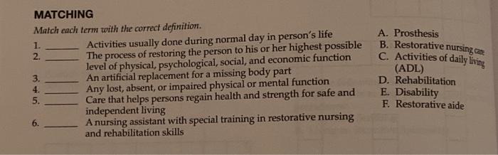 Solved MATCHING Match each term with the correct definition. | Chegg.com