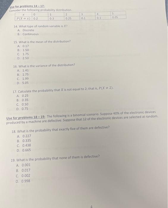 Solved 14. What type of random variable is X ? A. Discrete | Chegg.com