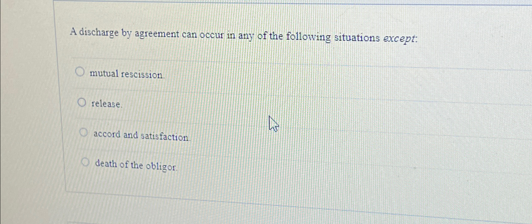 Solved A discharge by agreement can occur in any of the | Chegg.com