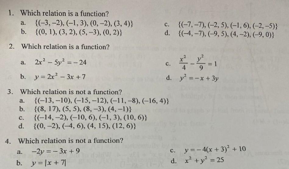 Solved 1. Which relation is a function? a. | Chegg.com