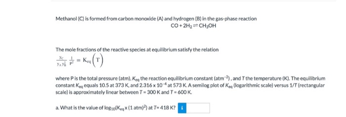 Solved Methanol (C) is formed from carbon monoxide (A) and | Chegg.com
