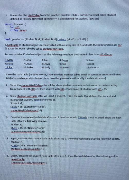Solved 3. Rernember the HashTable from the practice problems | Chegg.com