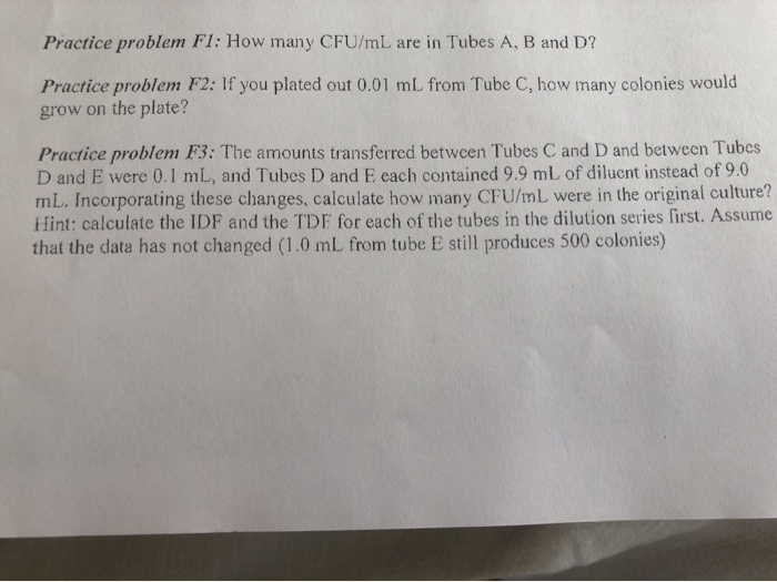 Solved Equation 3: CFU/mL = number of colonies/mL plated TDF | Chegg.com