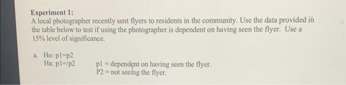 Solved Experiment 1: A local photographer recently sent | Chegg.com