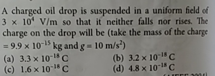 Solved A charged oil drop is suspended in a uniform field of | Chegg.com