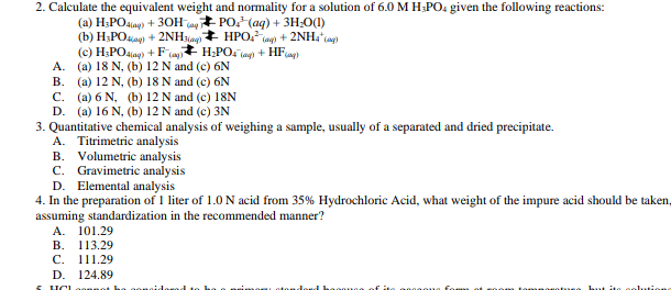 Solved 2. Calculate the equivalent weight and normality for | Chegg.com
