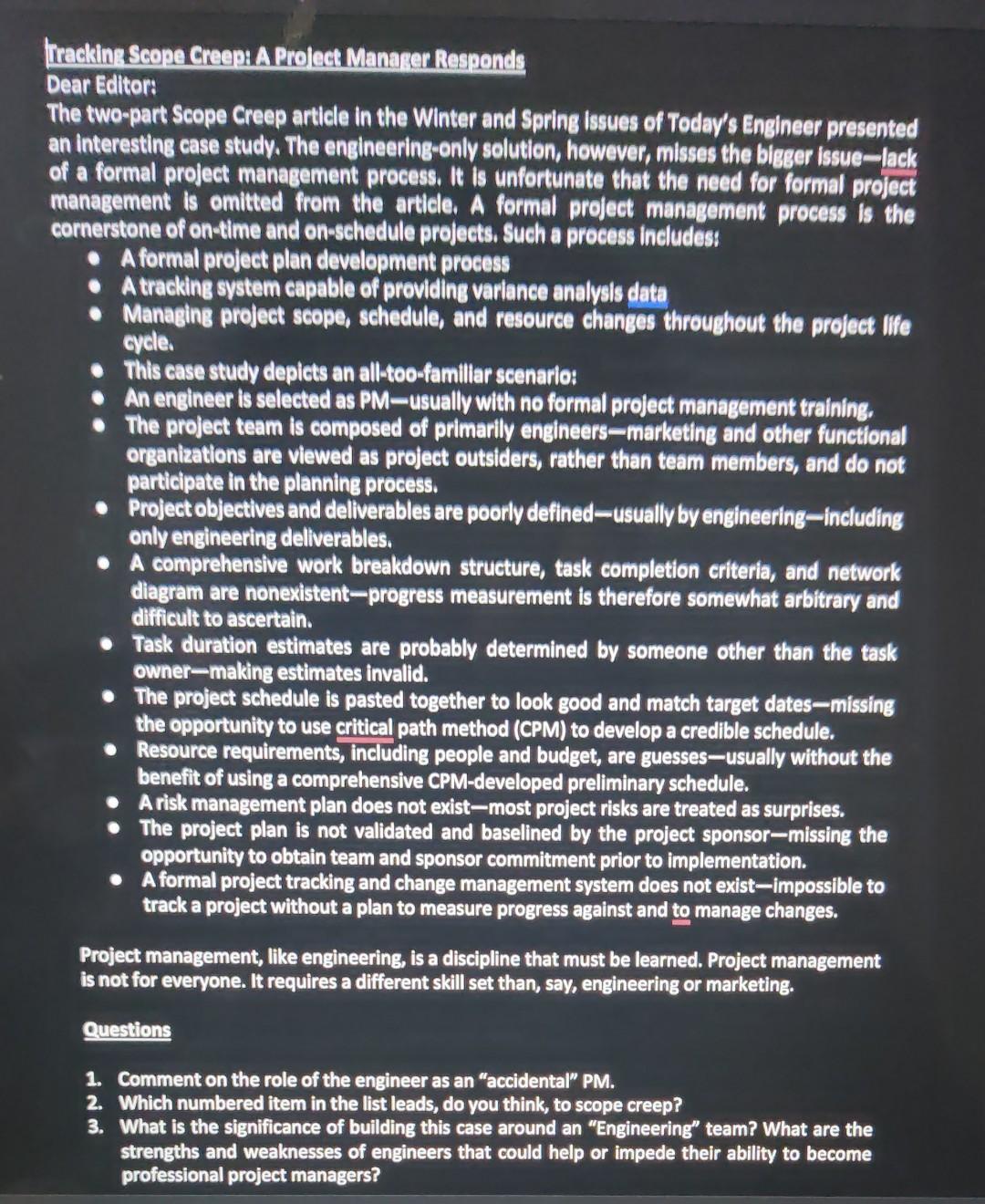 Solved Lracking Scope CreepiA A Prolect Manaser Responds | Chegg.com