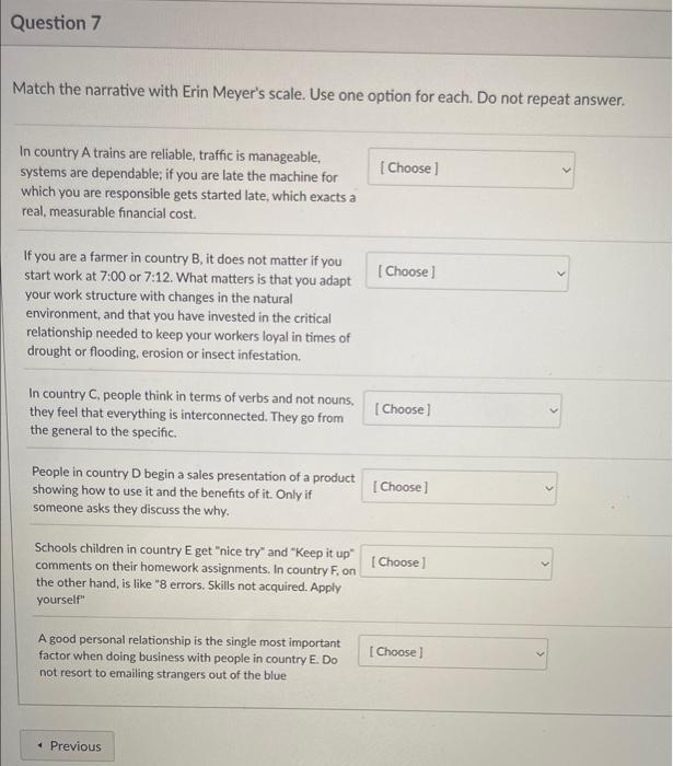 Solved Match the narrative with Erin Meyer's scale. Use one | Chegg.com