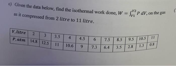 Solved c) Given the data below, find the isothermal work | Chegg.com