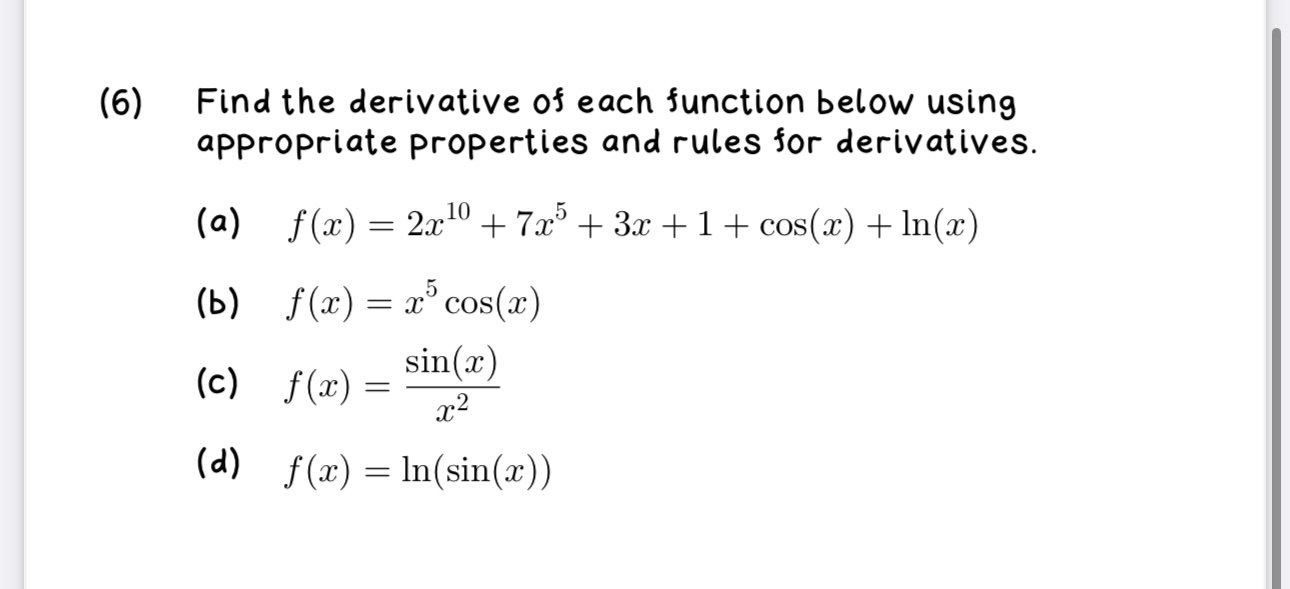 Solved (6) ﻿Find the derivative of each function below using | Chegg.com