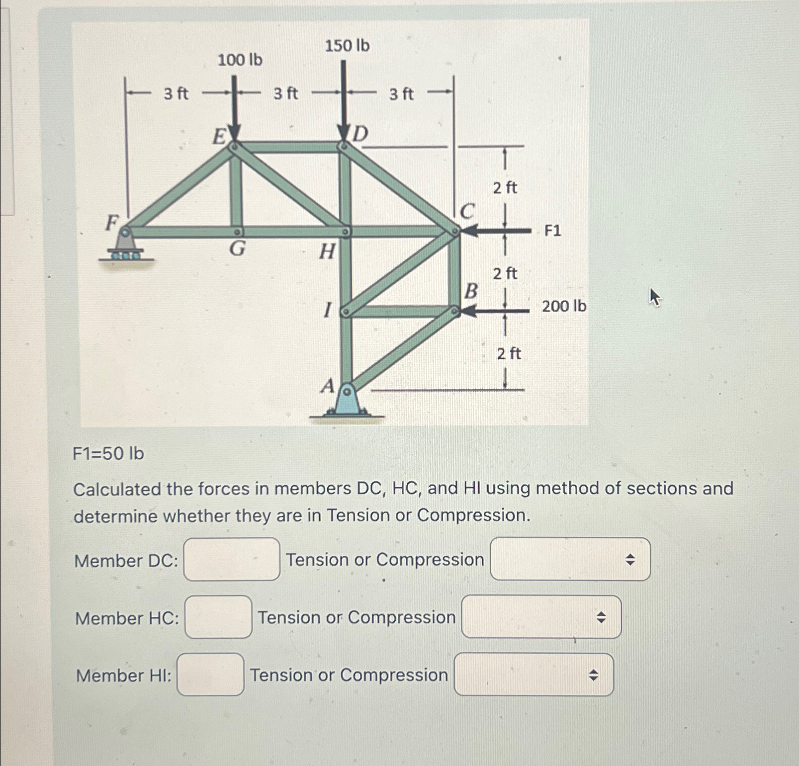 Solved F1=50lbCalculated the forces in members DC, HC, ﻿and | Chegg.com