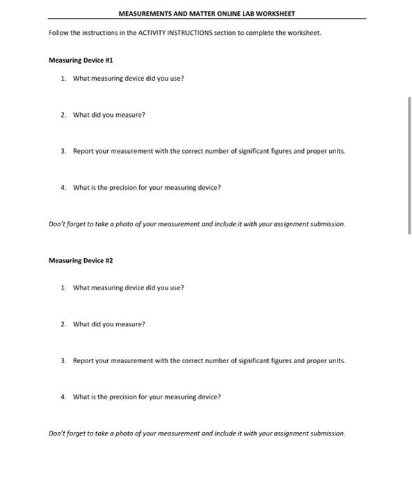 MEASUREMENTS AND MATTER ONLINE LAB WORKSHEET Follow | Chegg.com
