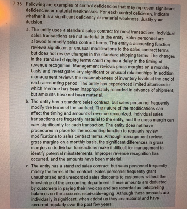 Solved 7-35 Following are examples of control deficiencies | Chegg.com