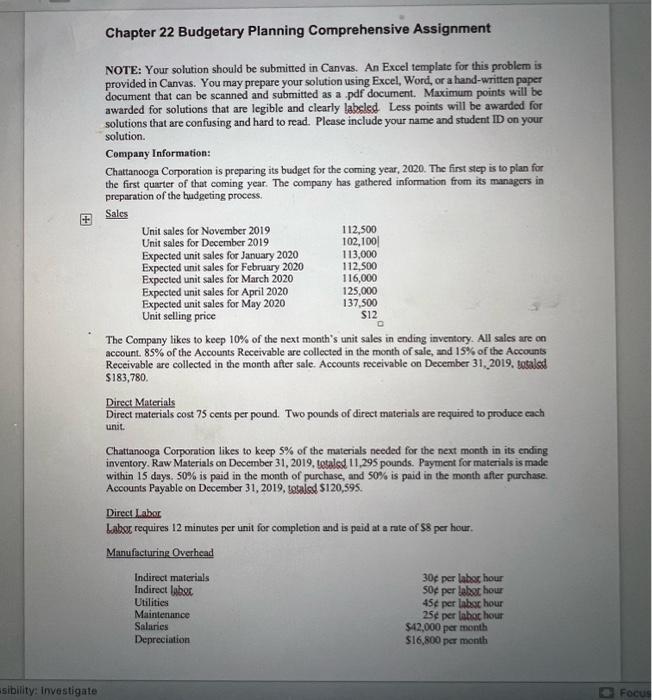 Chapter 22 Budgetary Planning Comprehensive | Chegg.com