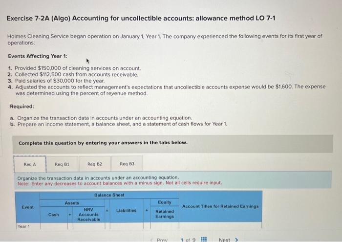 Solved Exercise 7-2A (Algo) Accounting for uncollectible | Chegg.com