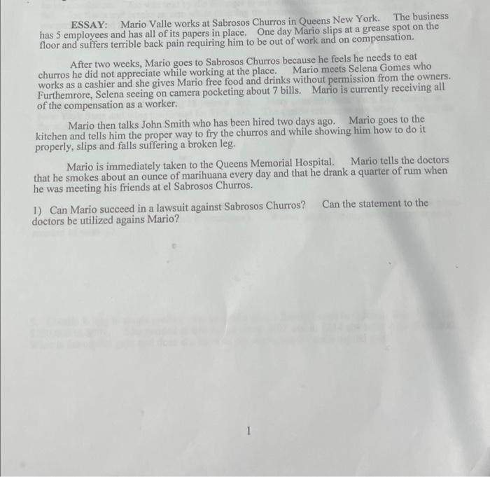 Solved ESSAY: Mario Valle works at Sabrosos Churros in | Chegg.com