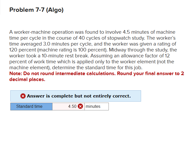 Problem 7-7 (Algo) ﻿A worker-machine operation was | Chegg.com