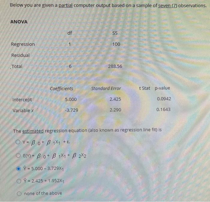 Solved Below you are given a partial computer output based | Chegg.com