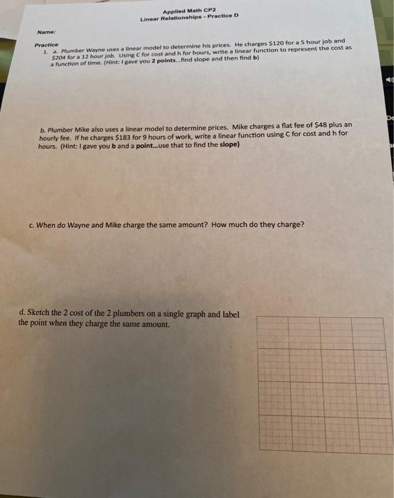 Solved Applied Math CP2 Linear Relationships. Practice Name: | Chegg.com