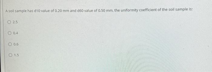 Solved A soil sample has d10 value of 0.20 mm and d60 value | Chegg.com