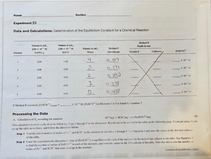 Name Section Experiment 23 Data and Calculations: | Chegg.com