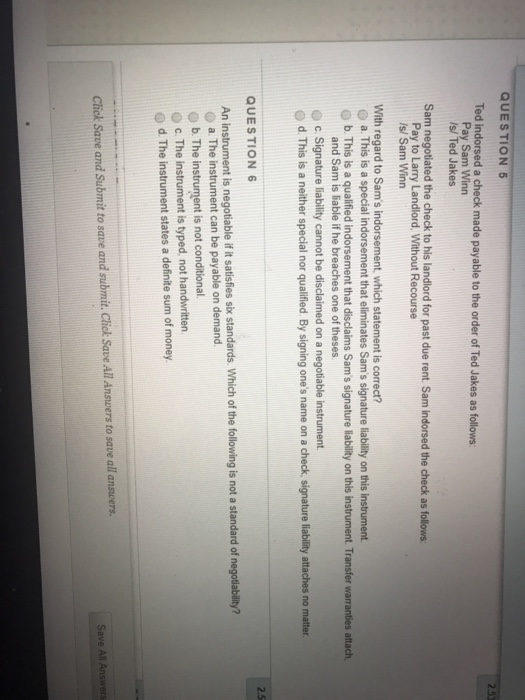 Solved QUESTION 5 253 Ted Indorsed a check made payable to | Chegg.com