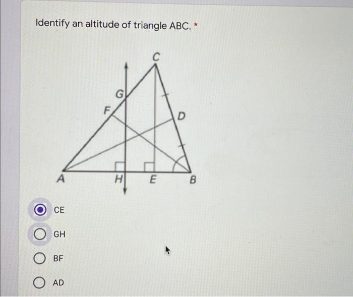 Solved Identify an altitude of triangle ABC. * G F D А H н E | Chegg.com