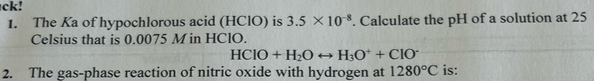 Solved The K ﻿of hypochlorous acid (HClO) ﻿is 3.5×10-8. | Chegg.com
