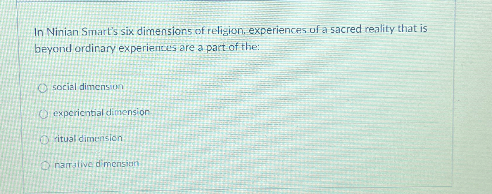 Solved In Ninian Smart's six dimensions of religion, | Chegg.com