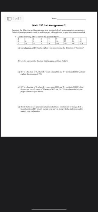 Solved 1 of 1 Name: Math 155 Lab Assignment 2 Complete the | Chegg.com