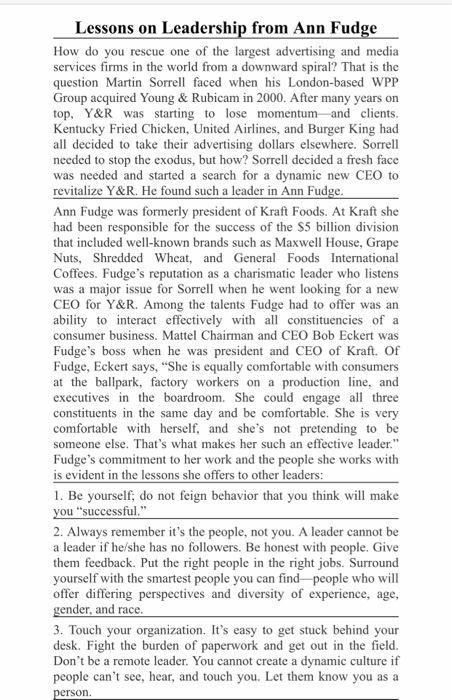 Solved Lessons on Leadership from Ann Fudge How do you | Chegg.com