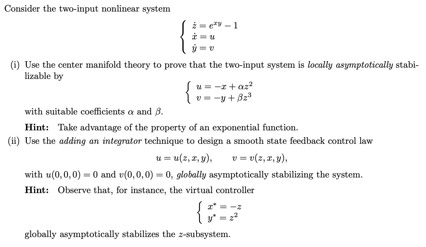Solved Consider the two-input nonlinear | Chegg.com