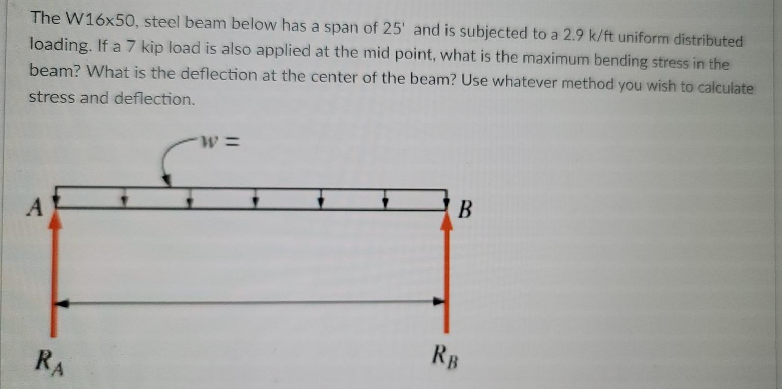 Solved The W16x50, steel beam below has a span of 25' and is | Chegg.com